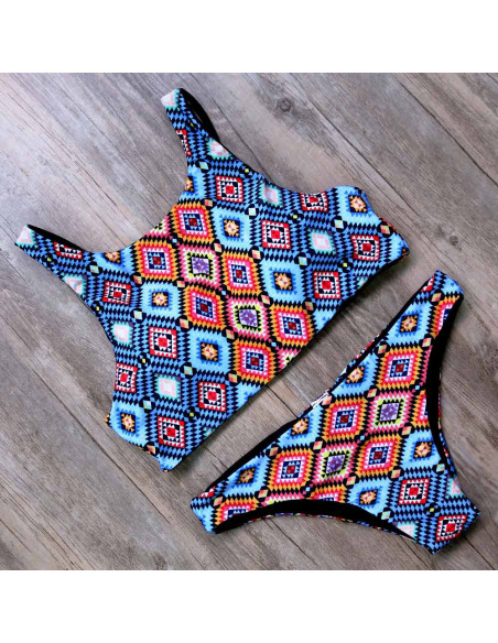 Costum de baie cu doua fete, imprimeu geometric si bustiera