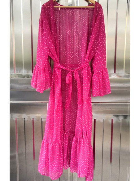 Rochie de plaja, lunga, cu patratele, maneci lungi si volane