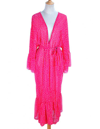 Rochie de plaja, lunga, cu patratele, maneci lungi si volane