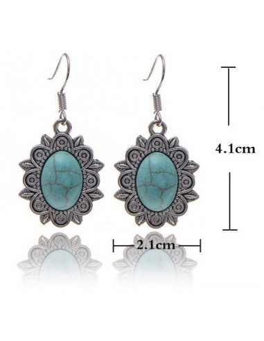 Cercei cu flori model indian argintiu patinat cu howlit